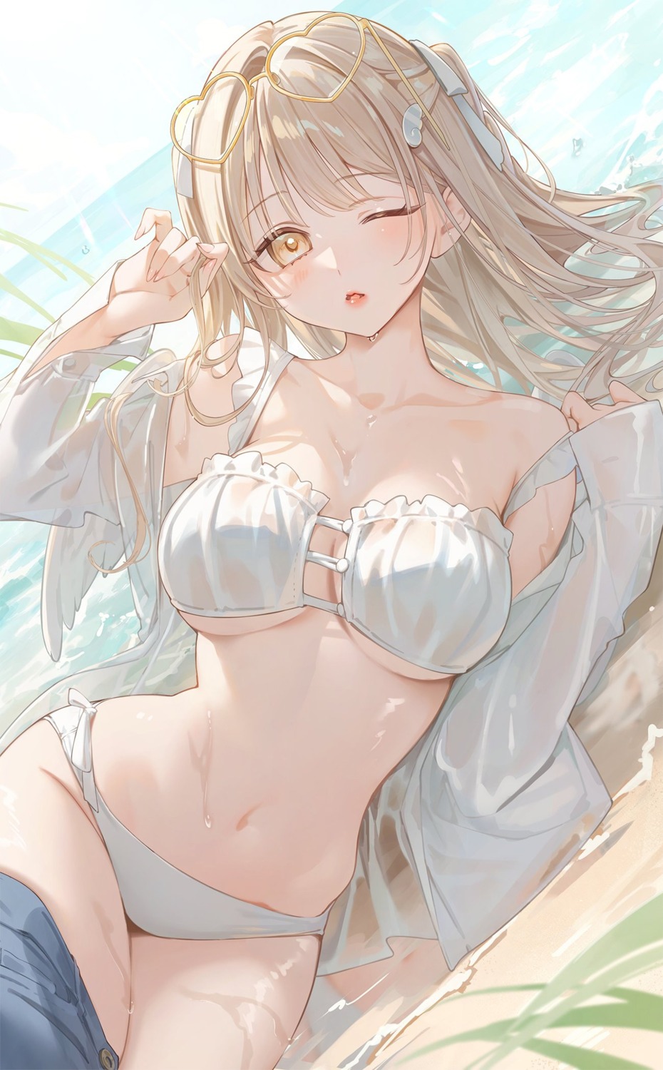 kinako (shiratama mochi) bikini detexted dress shirt megane open shirt see through swimsuits wet ...